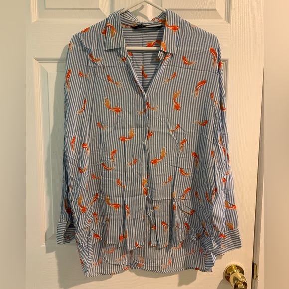 Zara | Tops | Zara Blue And White Striped Koi Fish Button Down Blouse ...